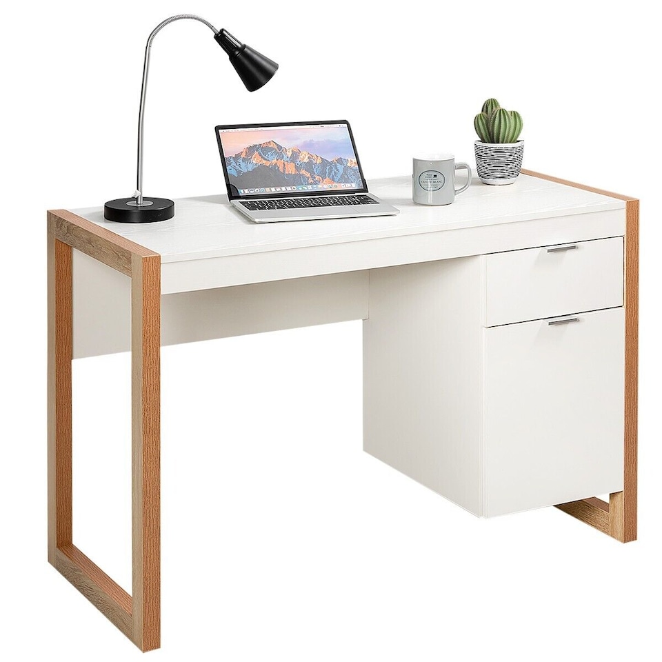 COSTWAY Home Office Wooden Computer Desk with Drawer White - Tesco ...