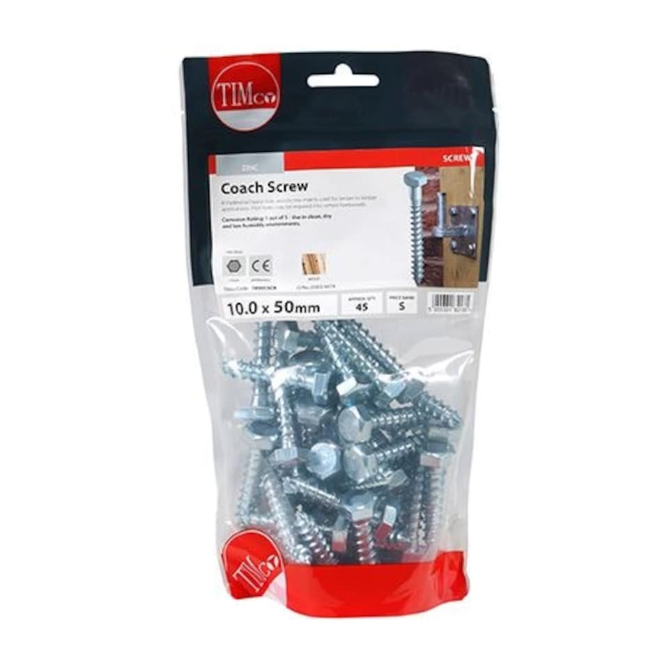 Timco - Coach Screws - Hex - Zinc (Size 10.0 x 50 - 45 Pieces) - Tesco ...