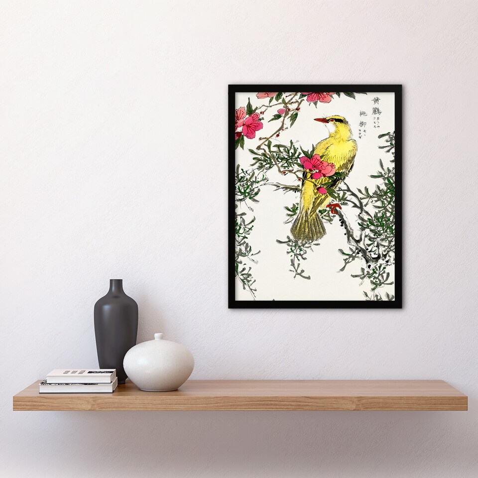 Bush Warbler and Drooping Peach Tree Vintage Framed Wall Art Print ...