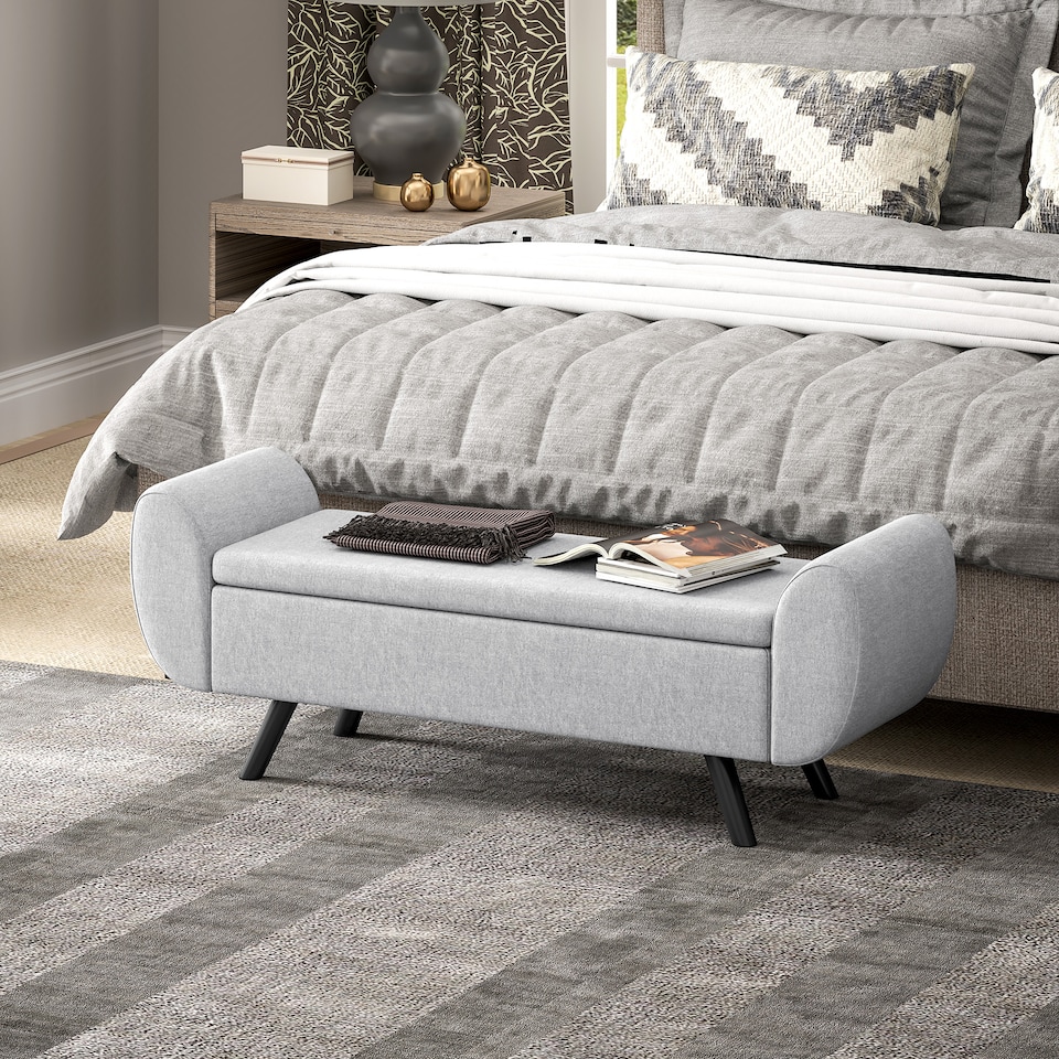 HOMCOM Storage Ottoman with Armrest, Upholstered Linen Storage Bench ...