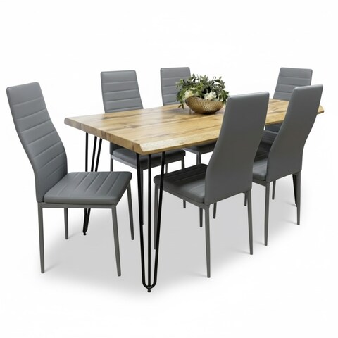 Wooden Dining Table Set With 6 Grey Faux Leather Chairs Kitchen Dining ...