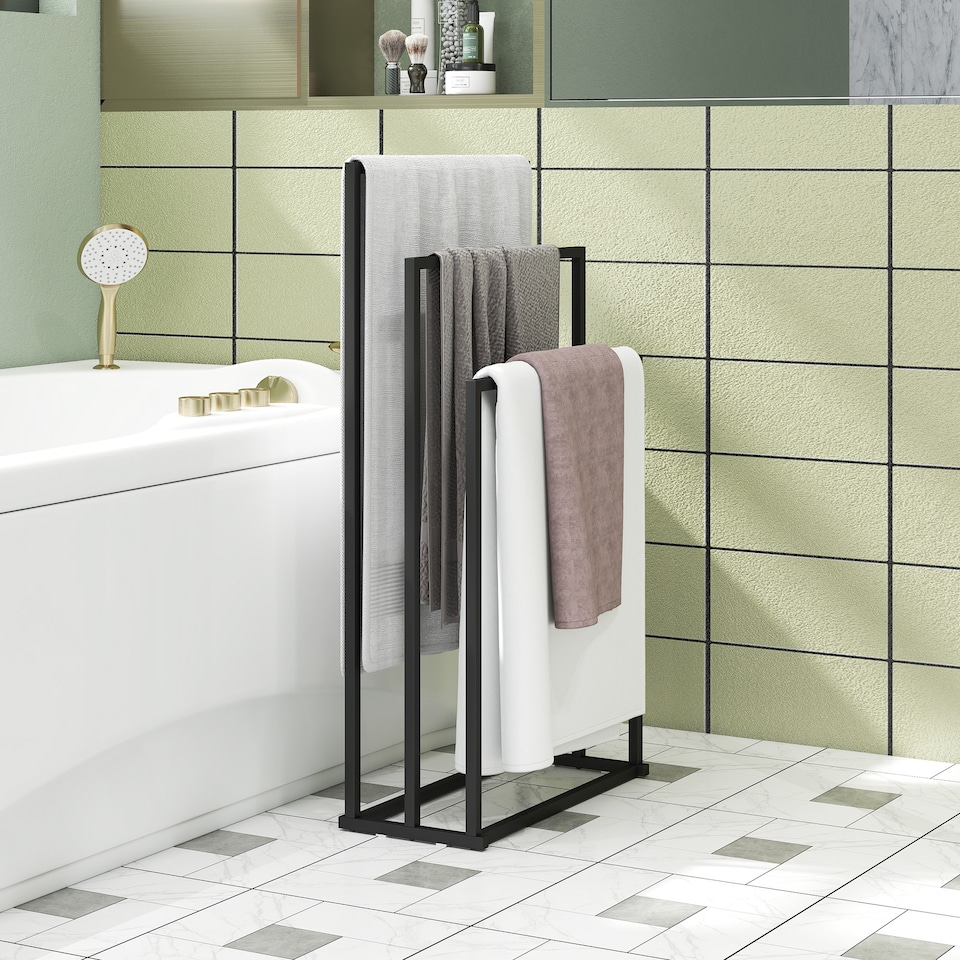 HOMCOM Freestanding Towel Rack, Steel Towel Rail Holder with 3 Bars ...