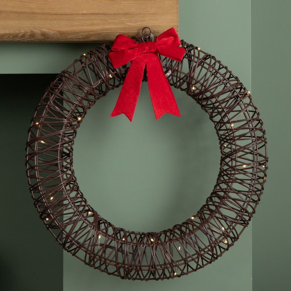 50cm Battery Operated Light up Christmas Wreath with Red Bow & 40 Warm ...