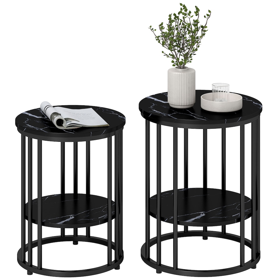 HOMCOM Round Coffee Table Set of 2, Marble-Effect Side Tables with ...