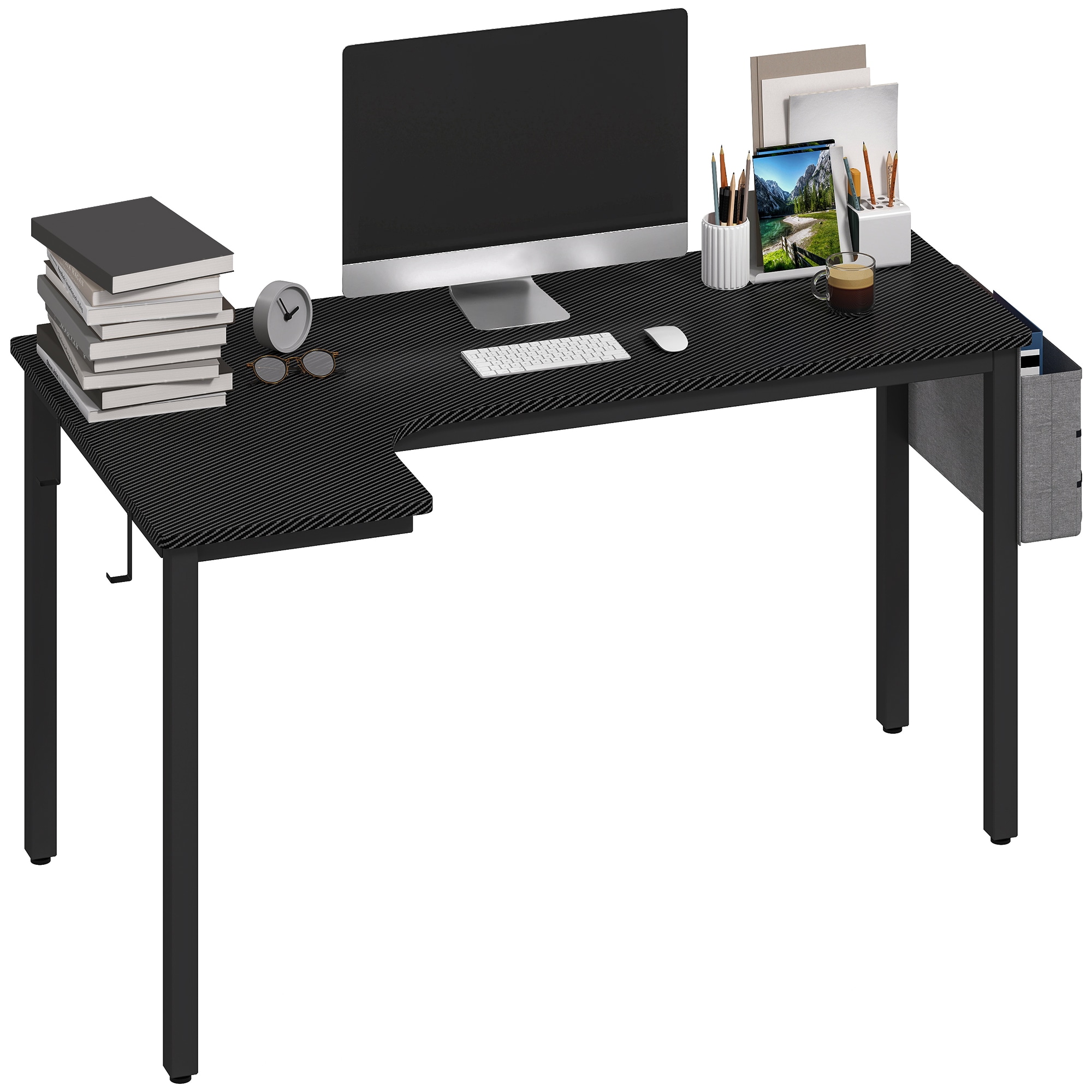 HOMCOM L-Shaped Corner Desk Computer with Fabric Bag and Hooks, Black ...