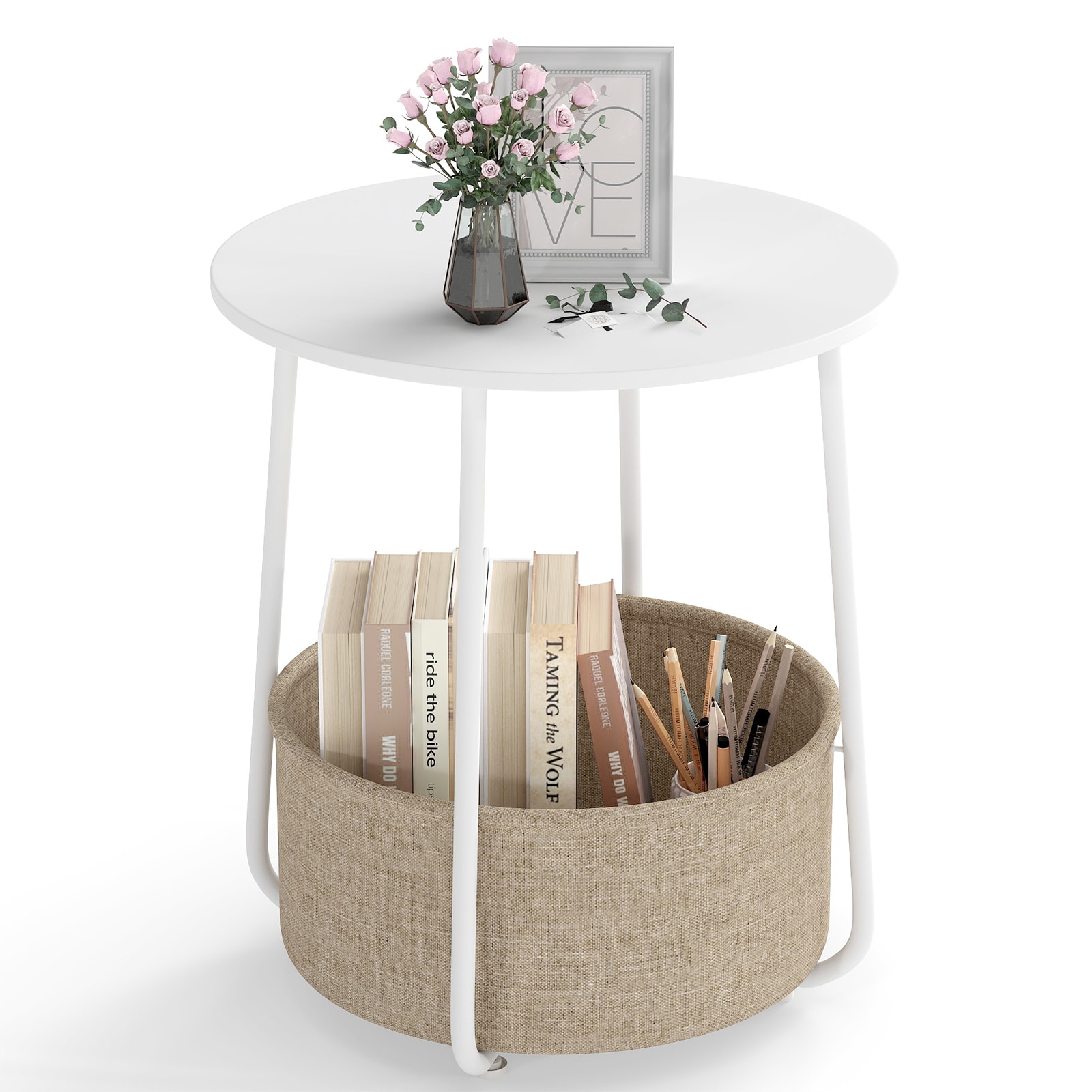 COSTWAY 2-Tier End Table with Fabric Storage Basket - Tesco Groceries