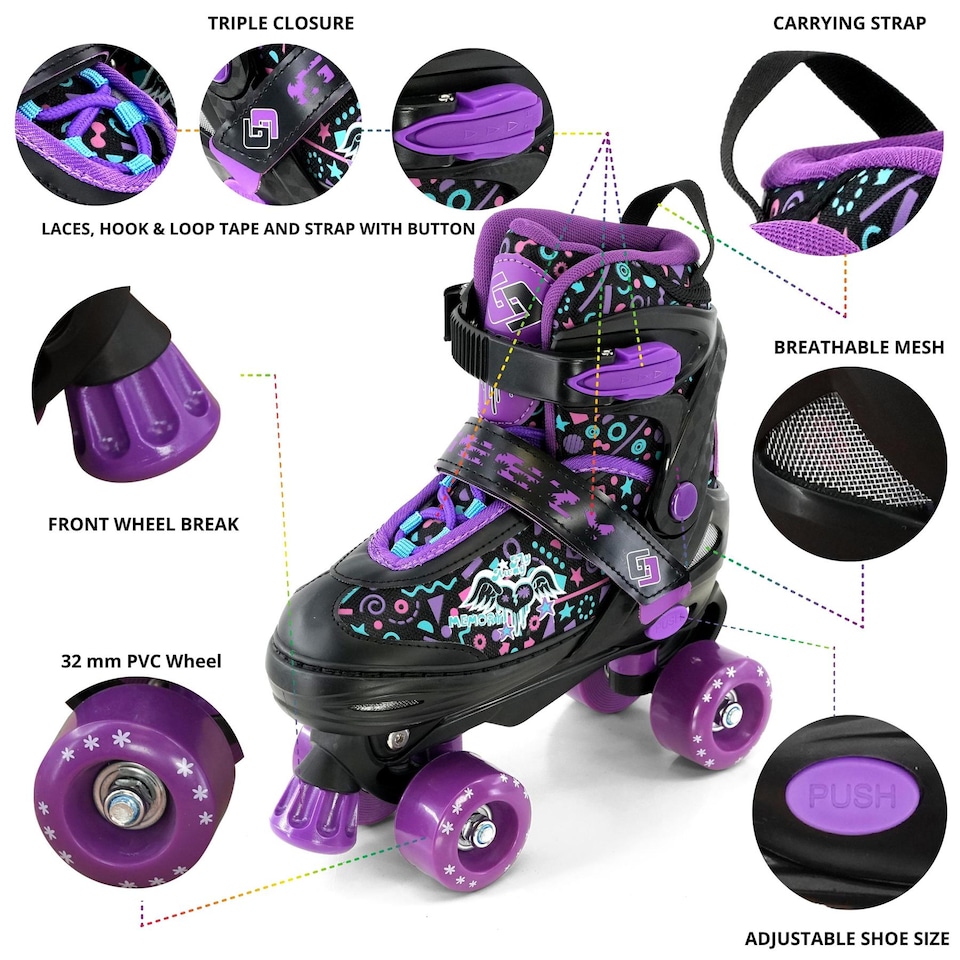 The Magic Toy Shop Purple Adjustable Quad Roller Skates Small UK 11 - 1 ...