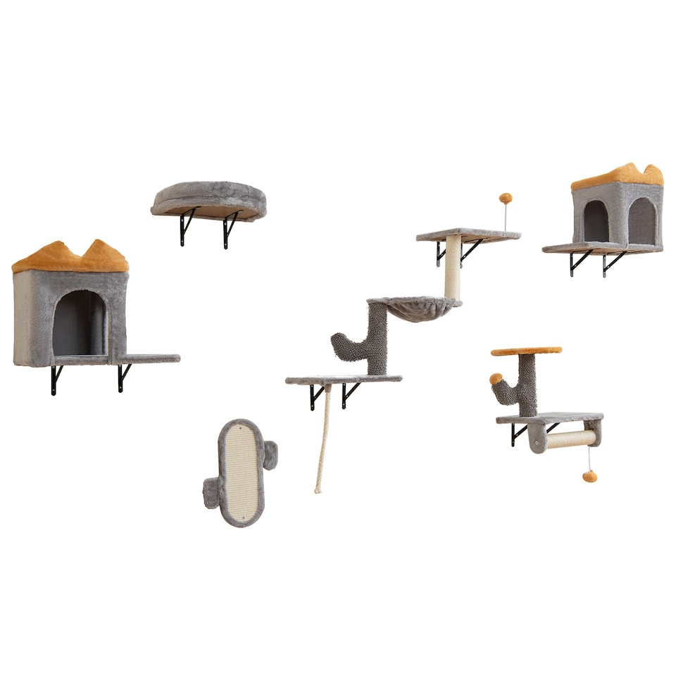 COSTWAY Wall-Mounted Cat Tower Set Space Saving Grey - Tesco Groceries