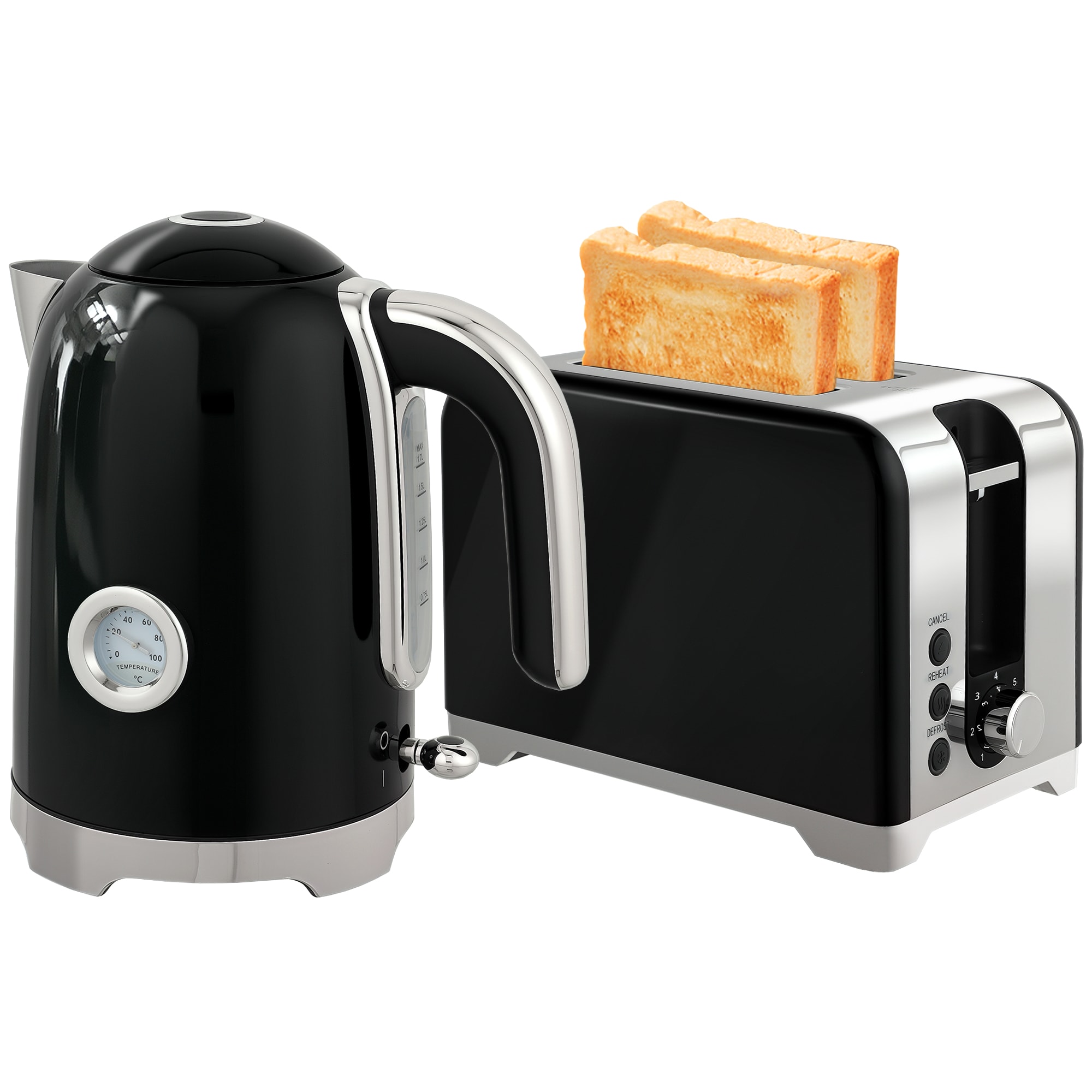 HOMCOM Kettle and Toaster Set with Temperature Gauge, Crumb Tray, Black ...