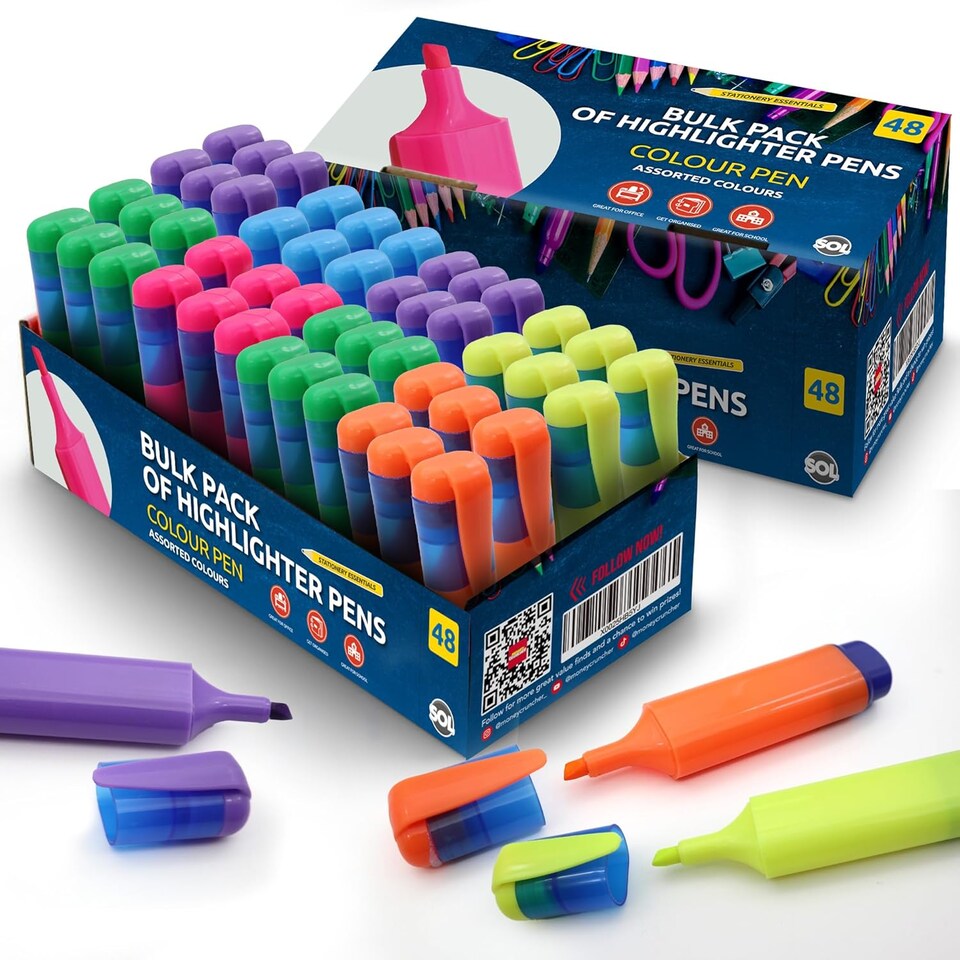 48pk Highlighter Pens – Bright Fluorescent Chisel Tip Markers, Quick ...