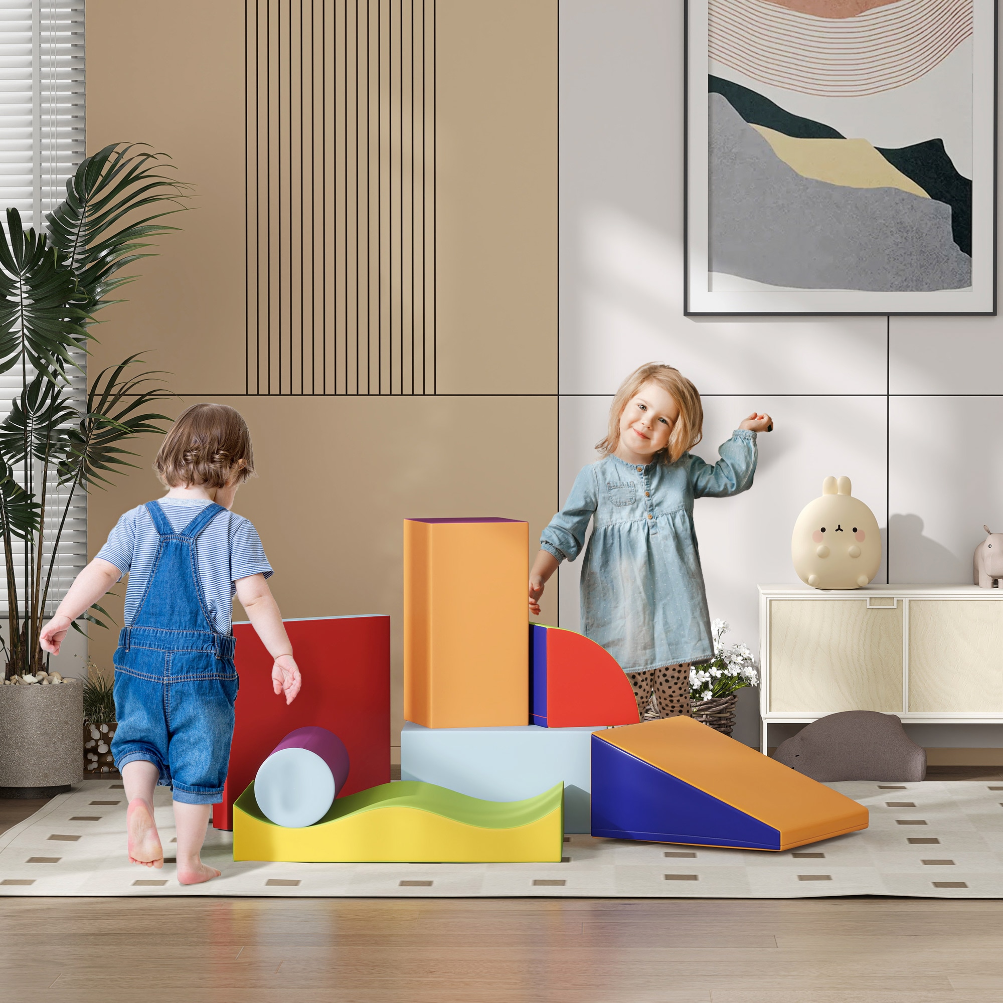 HOMCOM Soft Play Set, 7 Piece Foam Blocks, Toddler Climb and Crawl ...