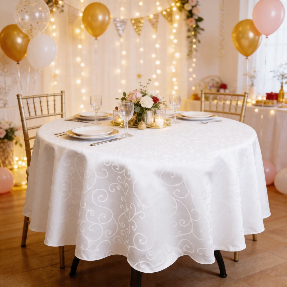 70 Inhes White Round Damask Tablecloth, Circular Dinner Table Cover ...