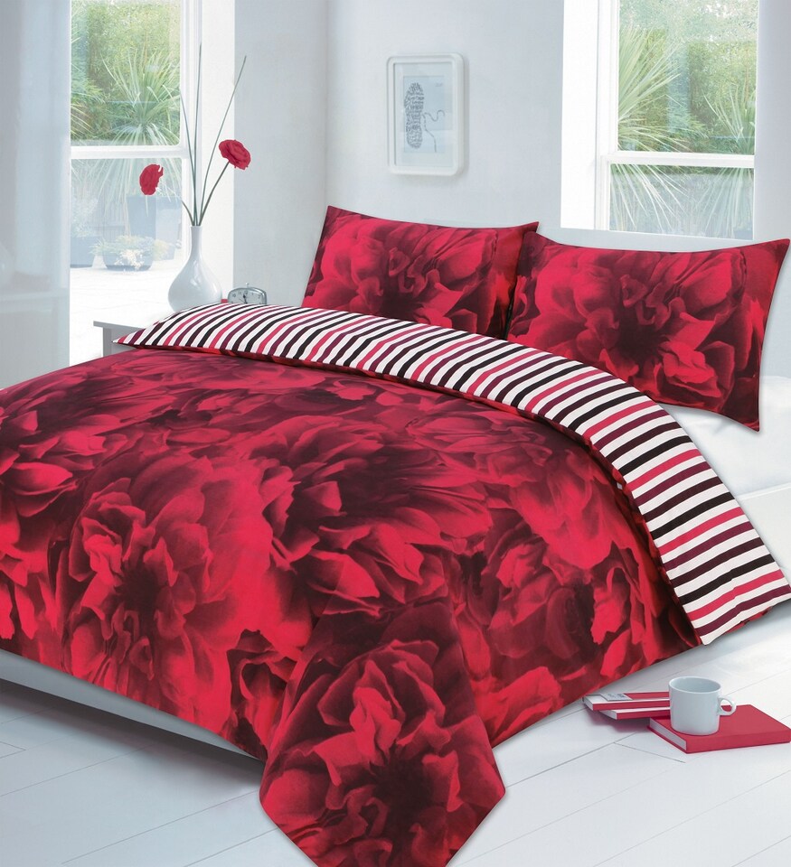 Homes Linen Red Floral Duvet Cover Set Bed with Pillowcases Quilt ...