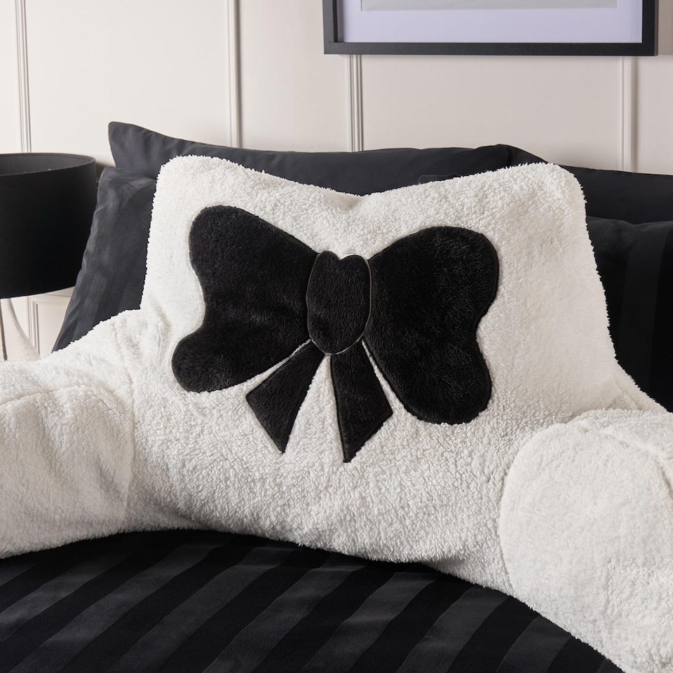 OHS Embroidered Bow Cuddle Cushion Teddy Fleece Reading Pillow | White ...