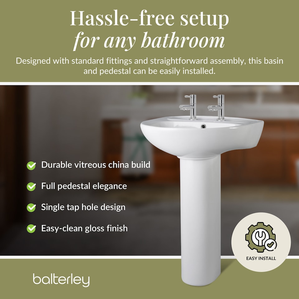 Adley Round 2 Tap Hole Basin & Full Pedestal 550mm White Pillar Tap ...