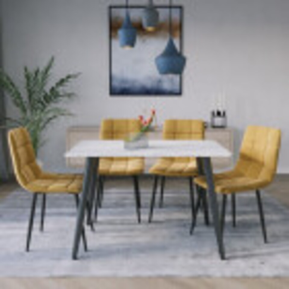 120cm Ceramic Top Dining Table & 4 Plush Velvet Chairs With Metal Leg ...