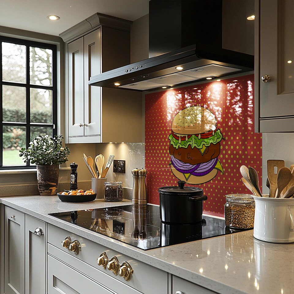 The pop art illustration of burger Designer Splash Back | White - Tesco ...