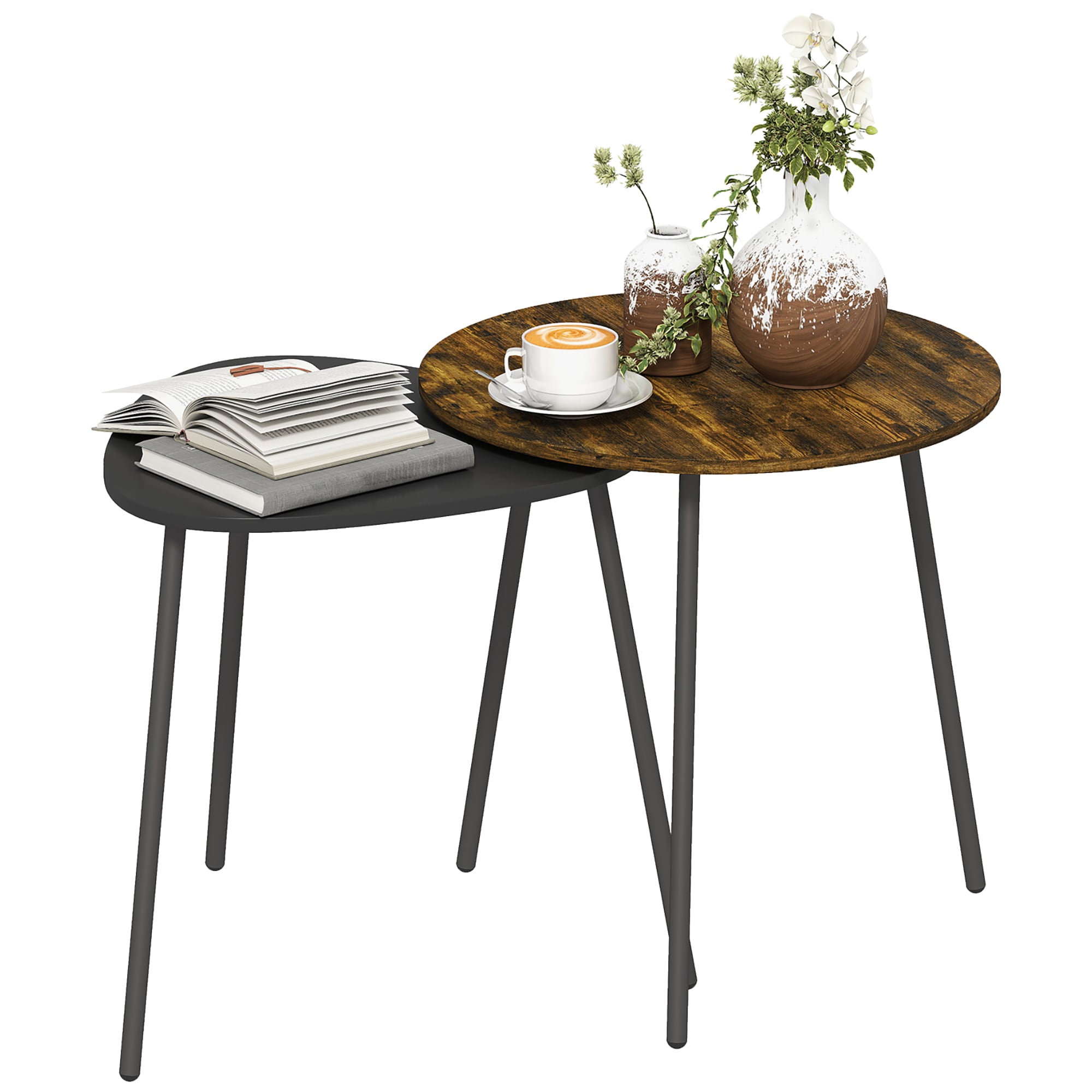 HOMCOM Set of 2 Nesting Side Table with Metal Frame, Rustic Brown ...