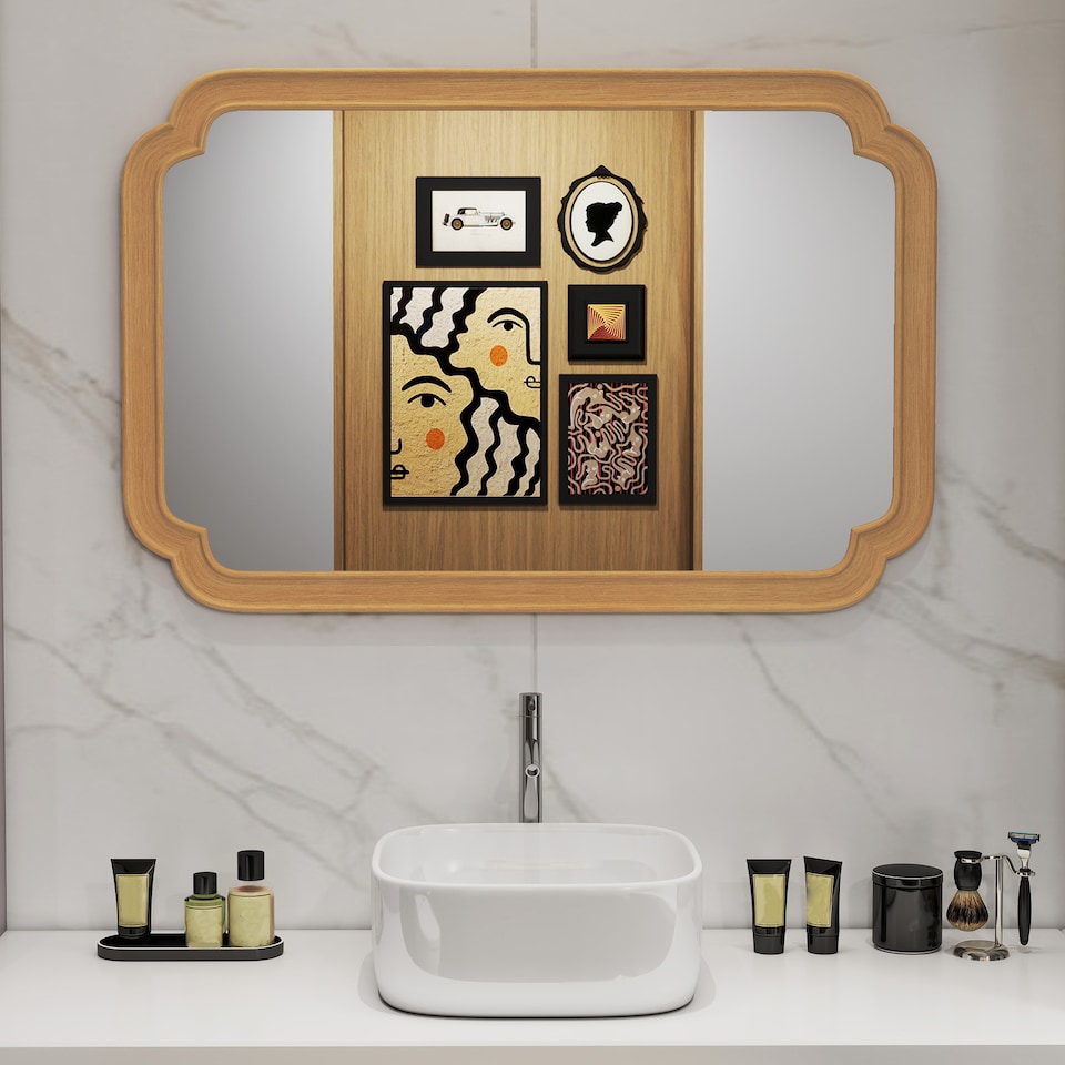 COSTWAY Rounded Corner Wall Mirror 90x60 cm Farmhouse Decorative Mirror ...