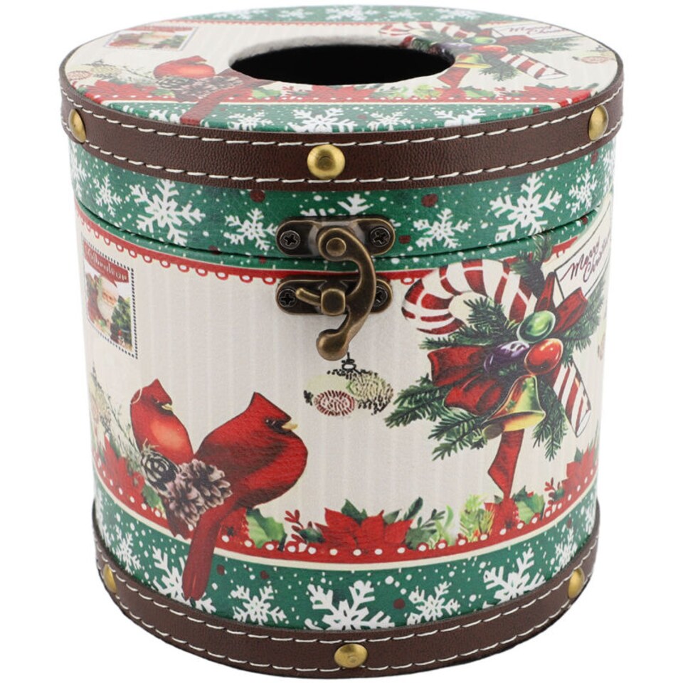 Round tissue box lid Vintage wooden leather trimmed box with lid ...