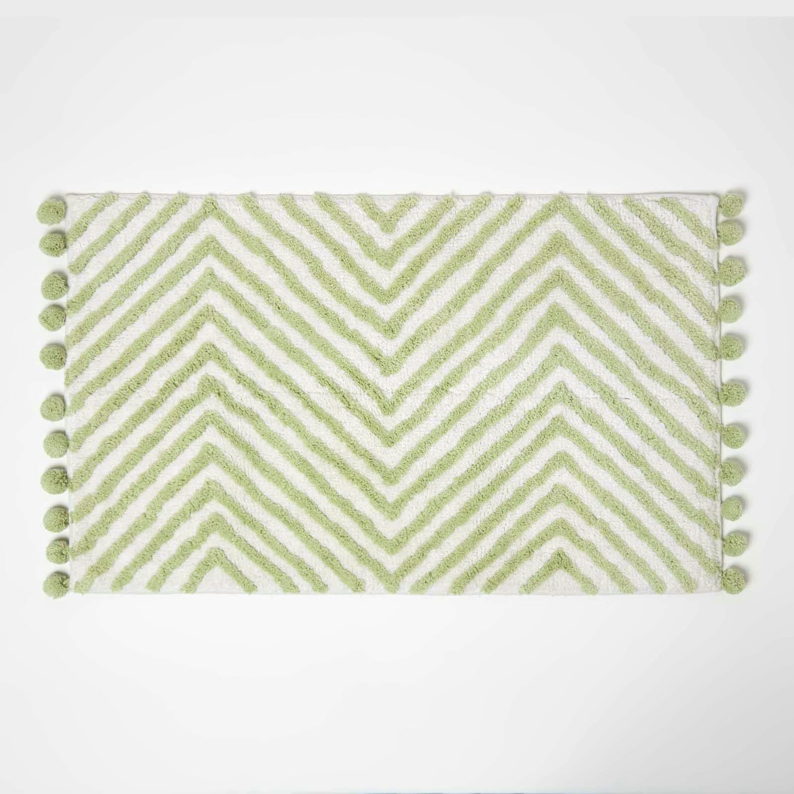 Homescapes Sage Green Cotton Bath Mat Tufted Zig Zag With Pom Pom Edges