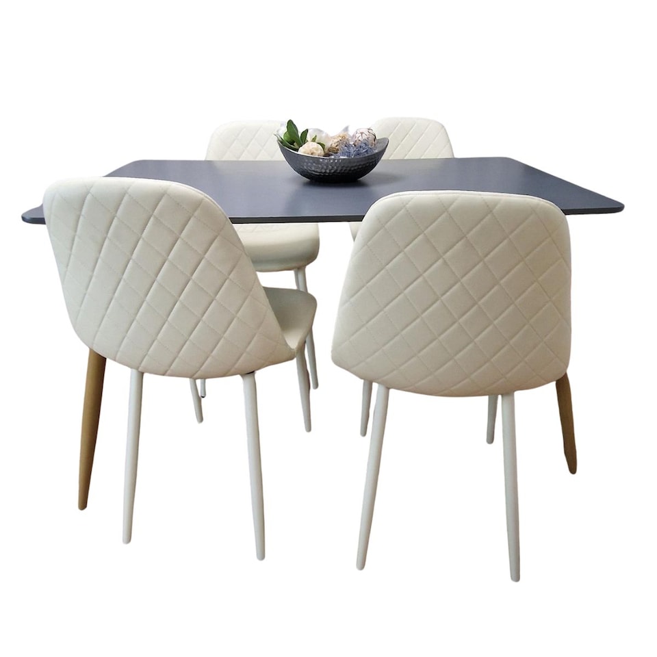 Wooden Rectangle Dining Table Set Grey Table with 4 Cream Gem Patterned ...