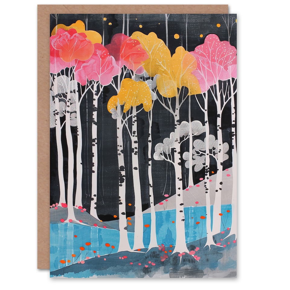 Greeting Card Colourful Birch Tree Forest River Bank Landscape - Tesco ...