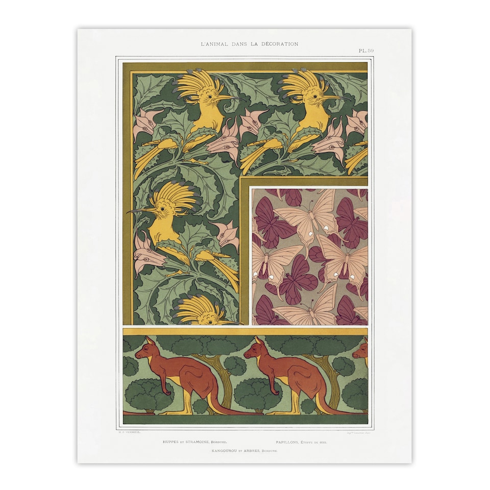 Birds Butterflies Kangaroo Pattern Wall Art Print Verneuil 24x32 ...