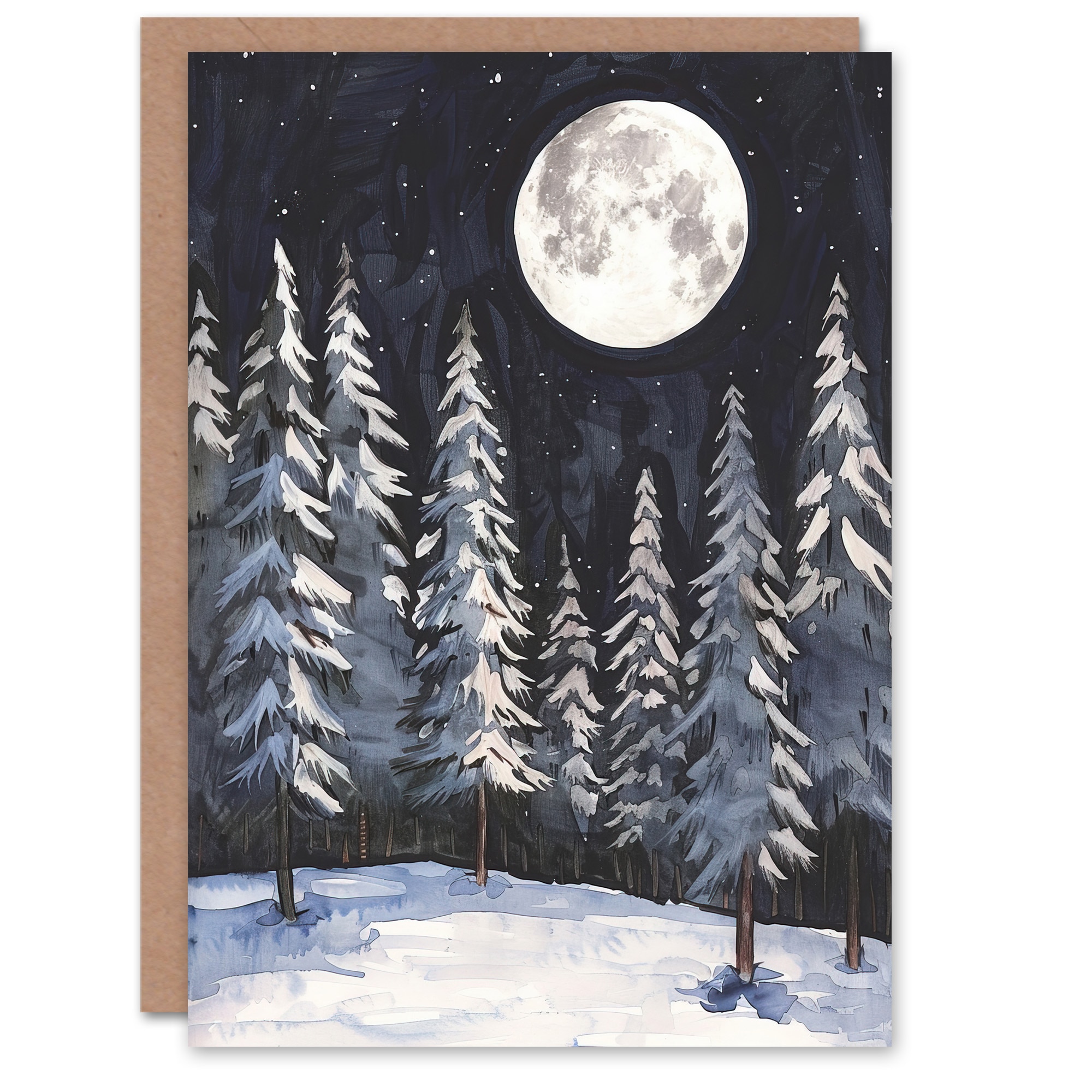 Greeting Card Full Moon Over Winter Forest Landscape Snowy Trees ...