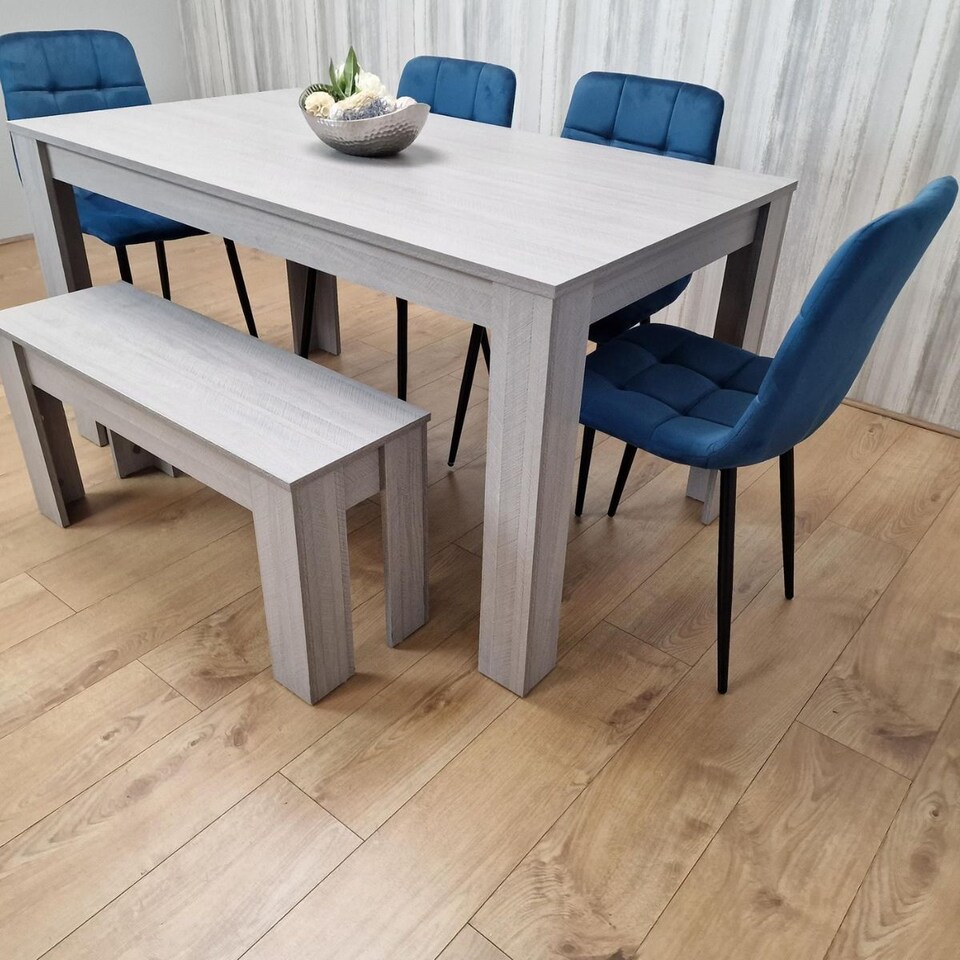 Modern Grey Rectangle Dining Table Set With 4 Blue Velvet Chairs And 1 ...