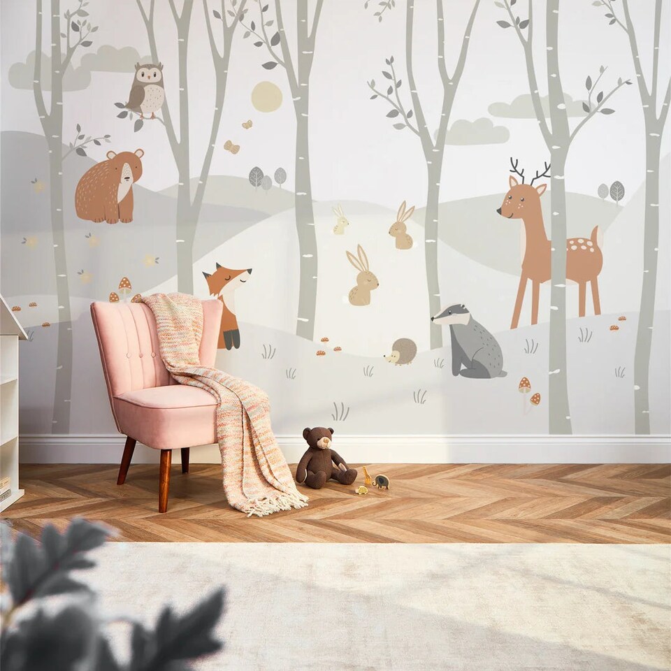 Sample of Woodland Animal Mural in Grey - Tesco Groceries