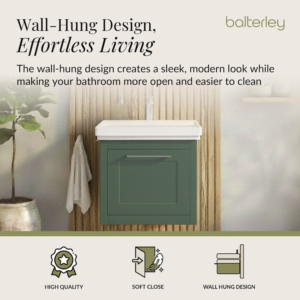 Wall Hung 1 Drawer Vanity Unit & 1TH Fireclay Basin, 500mm, Green ...