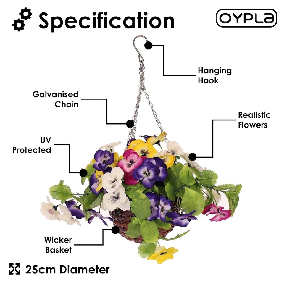 Artificial Hanging Wicker Basket with Multicoloured Pansy Flowers ...