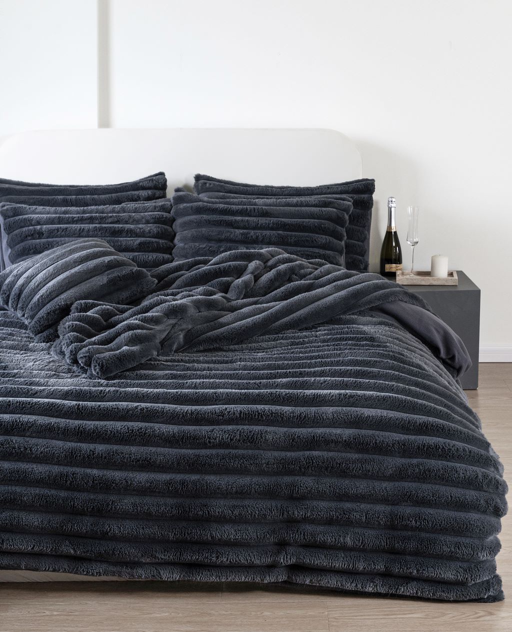 Homes Linen Big Cord Teddy Fleece Charcoal Duvet Cover Set with ...