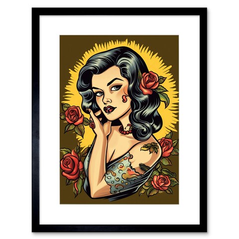 Retro Tattoo Pin Up Girl Roses Americana 1950s 9x7" Black Framed Wall ...