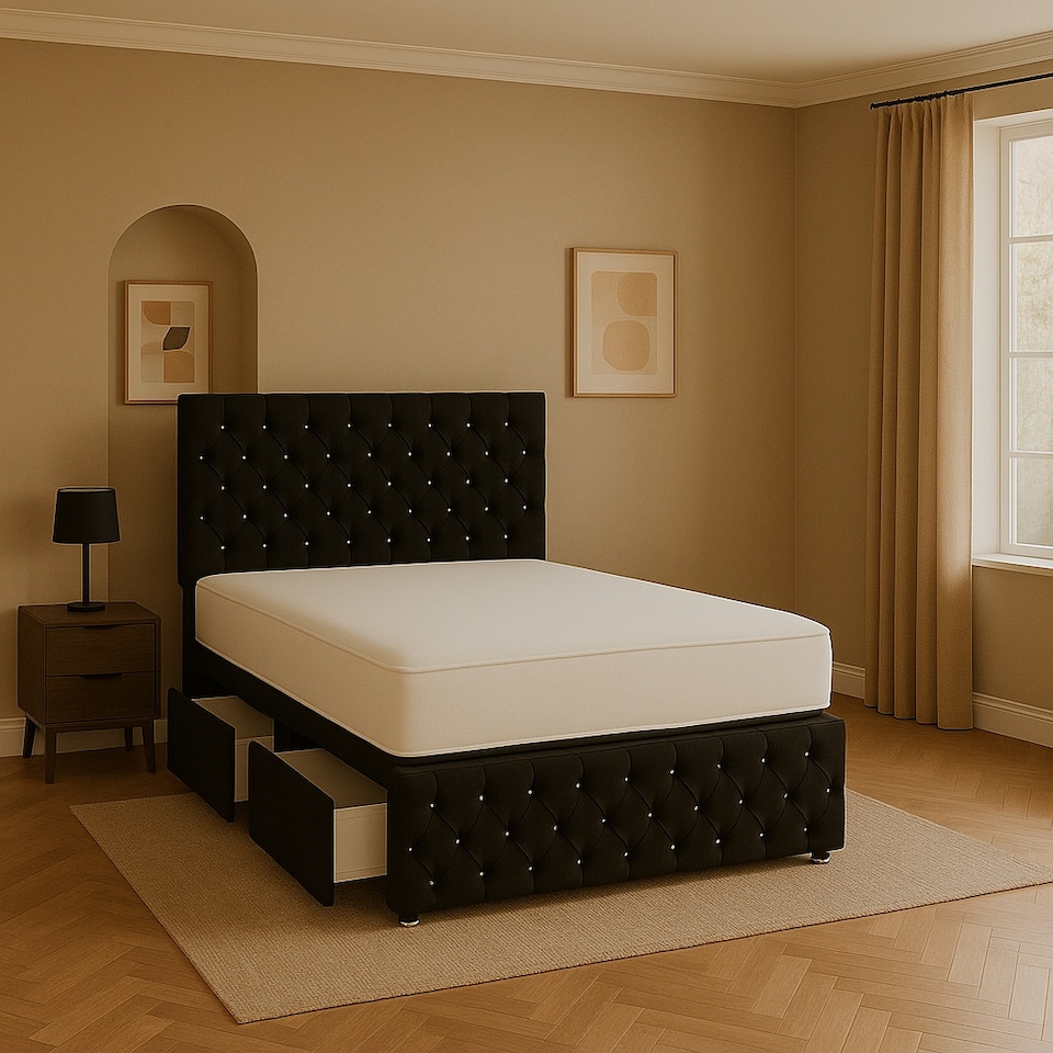 Black Chestefield Crystal Plush 2ft6 Small Single Divan Bed Set Headboard & Footboard - 2 ...