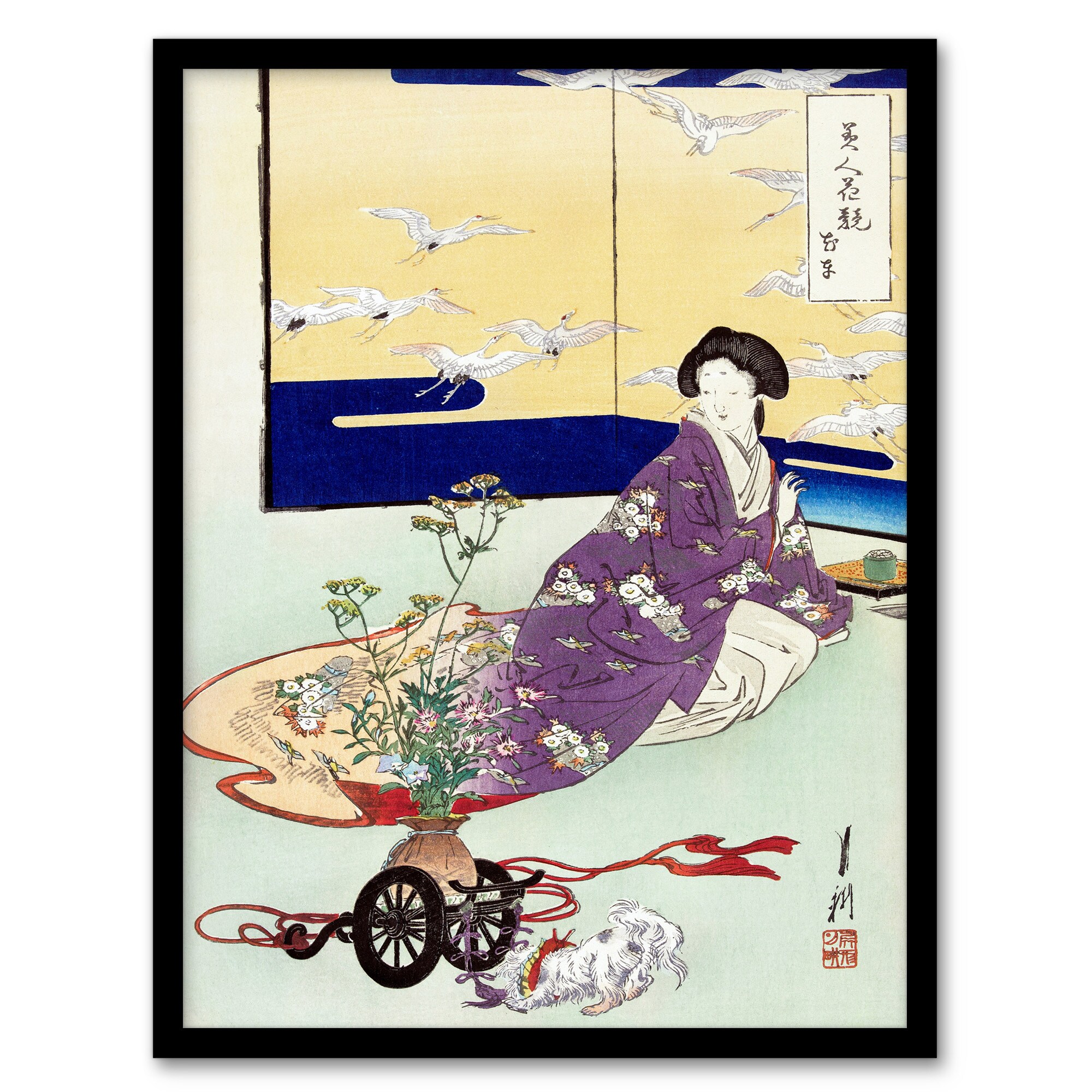 Ogata Gekko Framed Wall Art Print Pet Dog Playing With Flower Cart Home ...