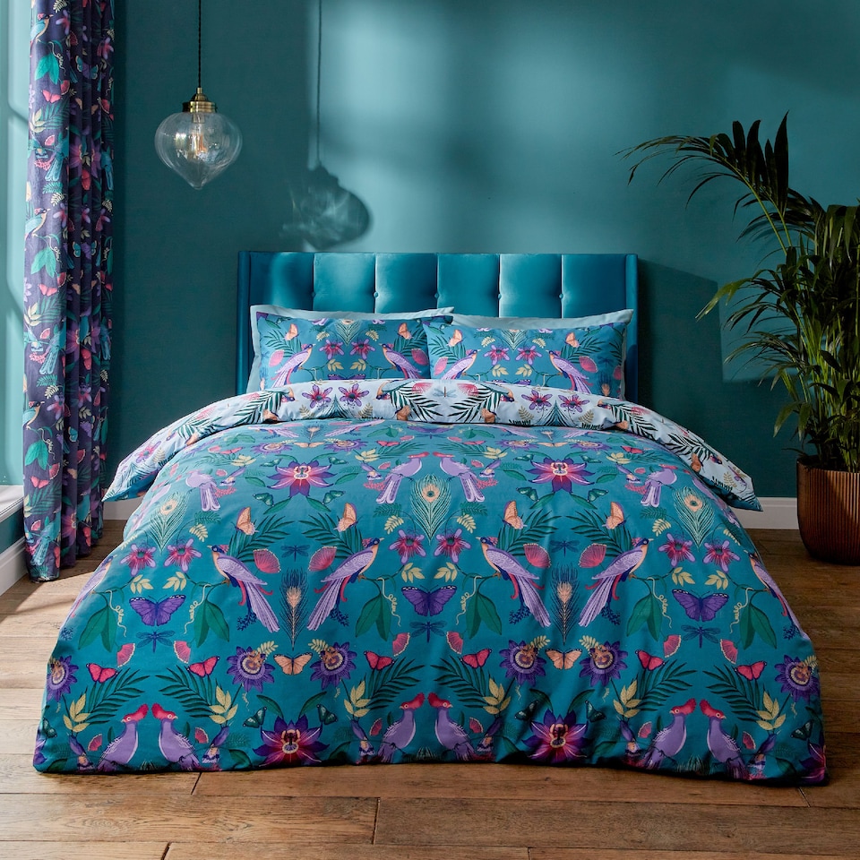 Mya Tropical Floral Reversible Duvet Cover Set | Blue | Duck Egg Blue ...