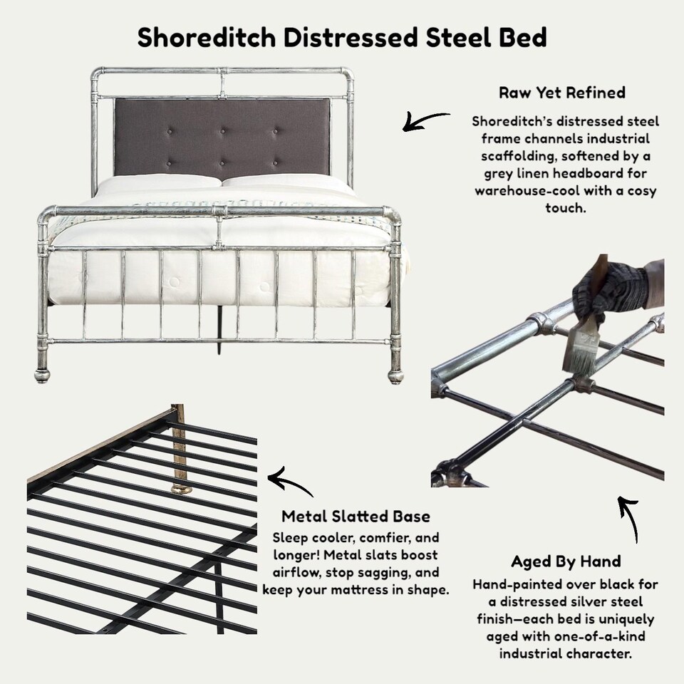 Shoreditch Distressed Silver Steel Industrial Scaffold Metal Bed Frame ...