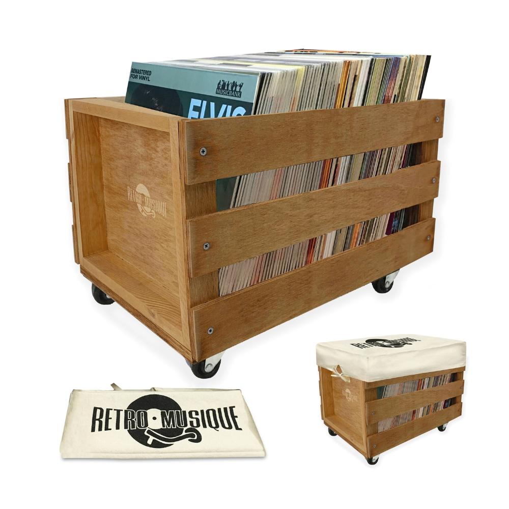 12 inch Wooden LP Crate with Wheels & Cloth Cover, Teak - Tesco Groceries