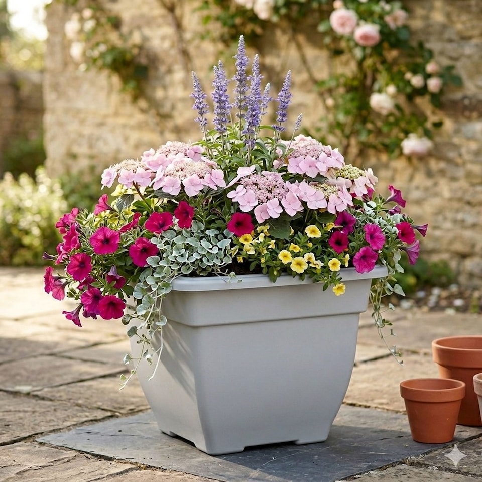 6x Grey Square Bell Plant Pot 38cm Plastic Bell Planter Patio Flowerpot ...