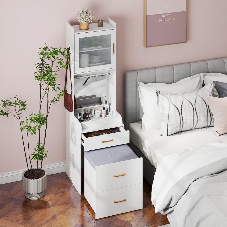 COSTWAY Vanity Desk with Movable Storage Stool Flip up Mirror White ...
