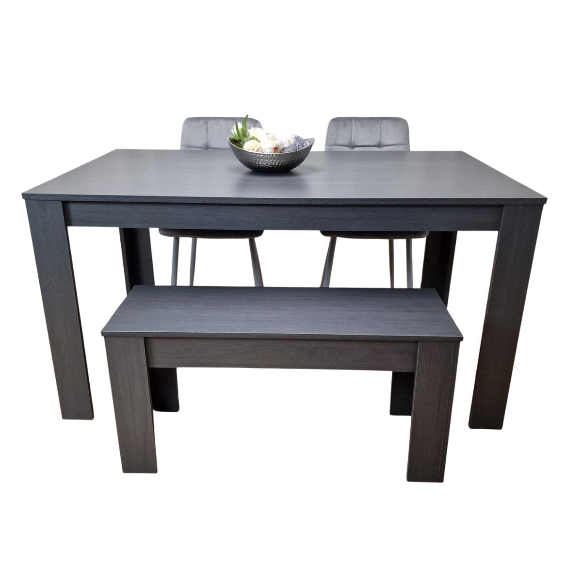 Dining Set Wooden Table with Bench and 2 Dark Grey Velvet Chairs ...