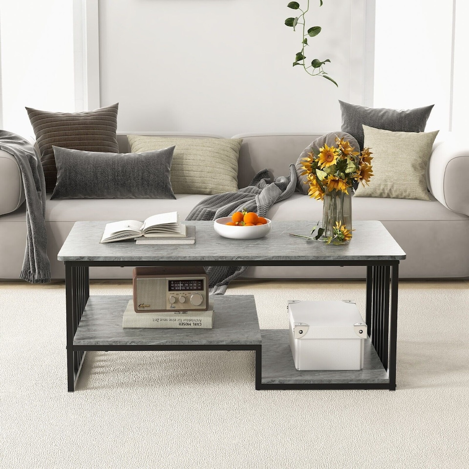 COSTWAY 2-Tier Rectangular Accent Faux Marble Table Grey - Tesco Groceries