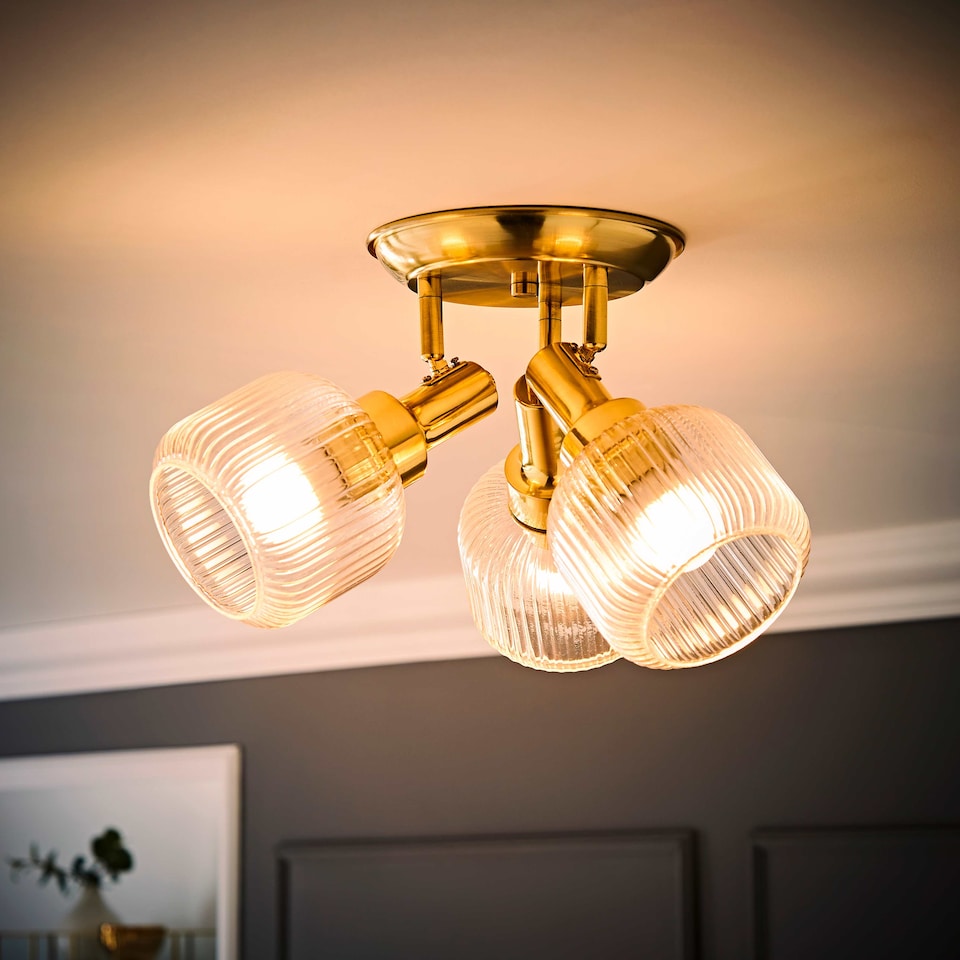 ValueLights Calpe 3 Way Brass Ceiling Spotlight Ribbed Clear Shades ...
