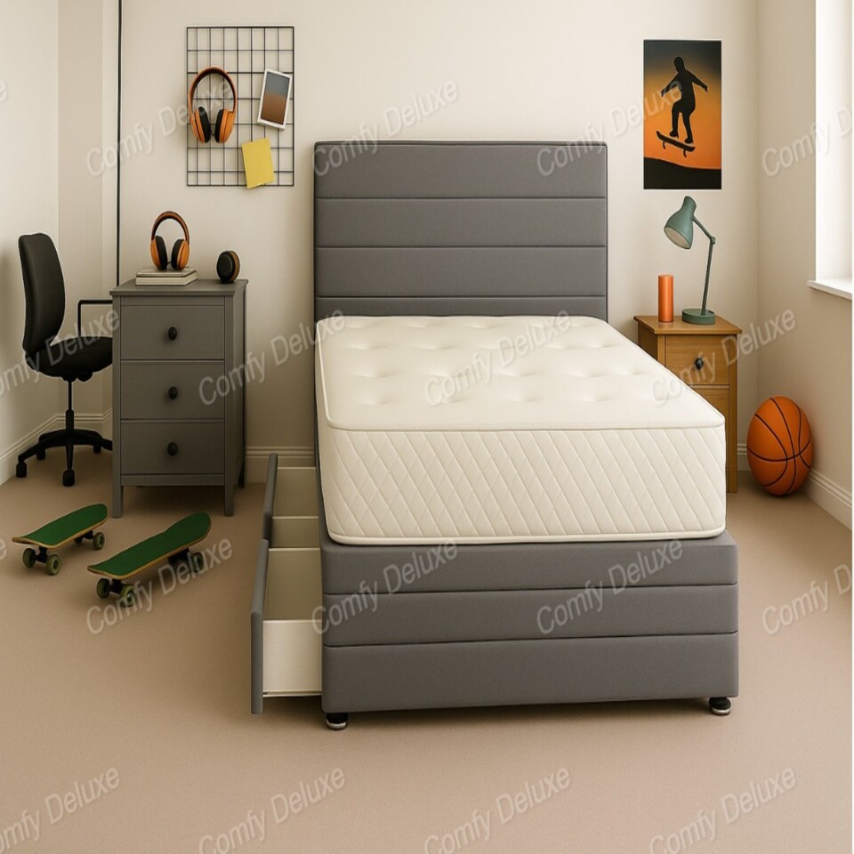 Grey Jin Plush Lined 4ft Small Double Divan Bed Set Headboard & Footboard - 2 Drawers Left Side ...