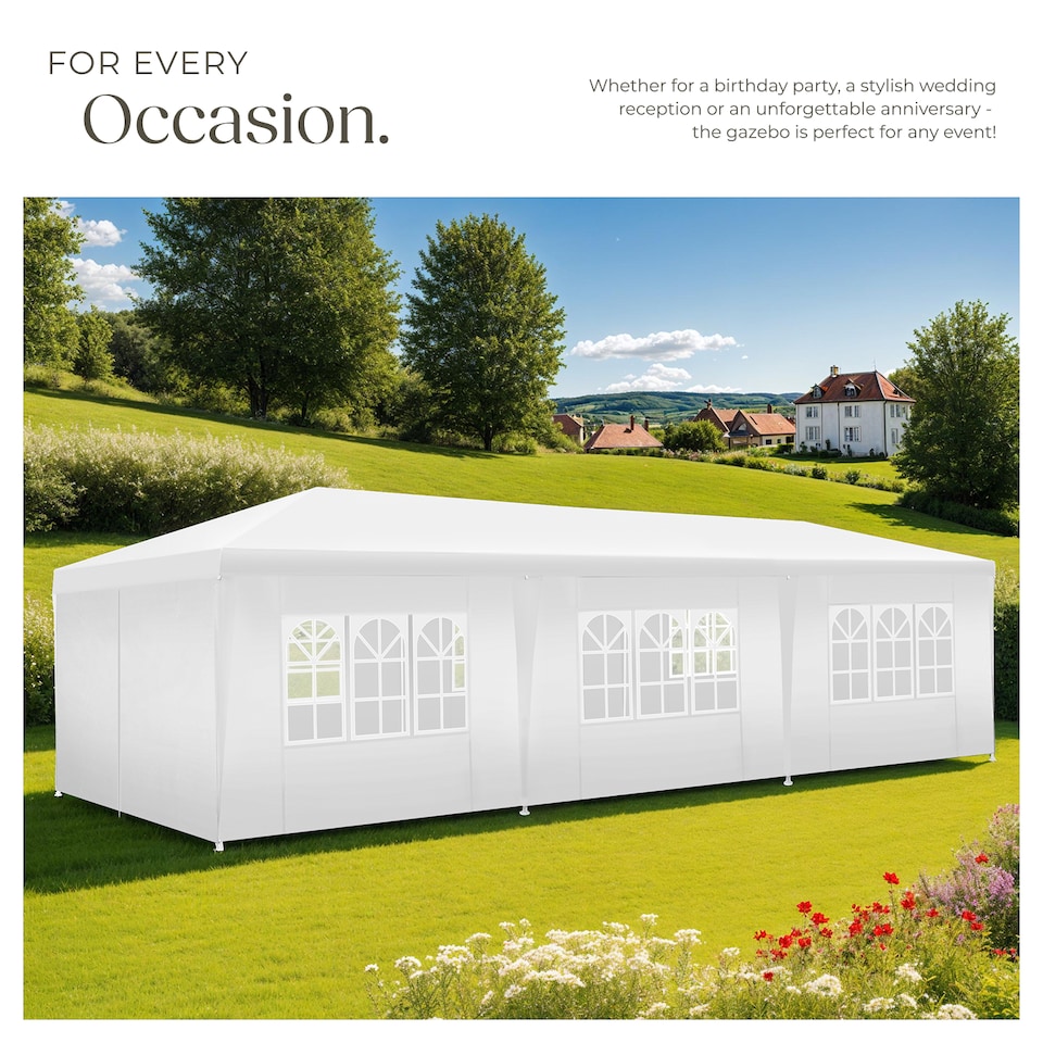 Gazebo Miramas with 8 side panels, water-resistant, 9x3m | White ...