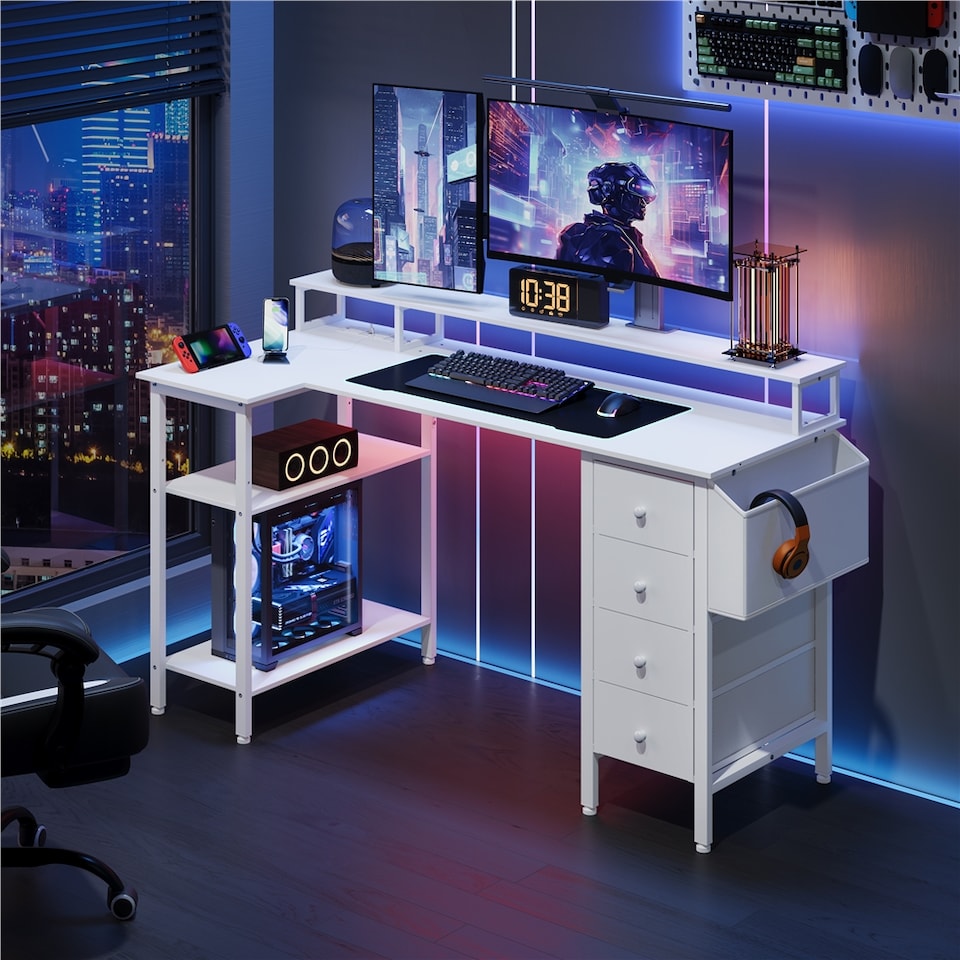 Yaheetech 140 cm L-shaped Computer Desk with Charging Station-White ...