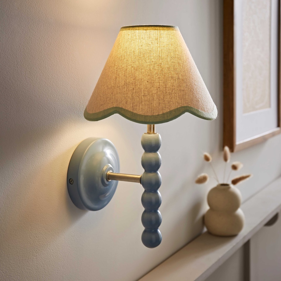 ValueLights Bobbin Blue Wall Light with Green Trim Scallop Shade | Blue ...