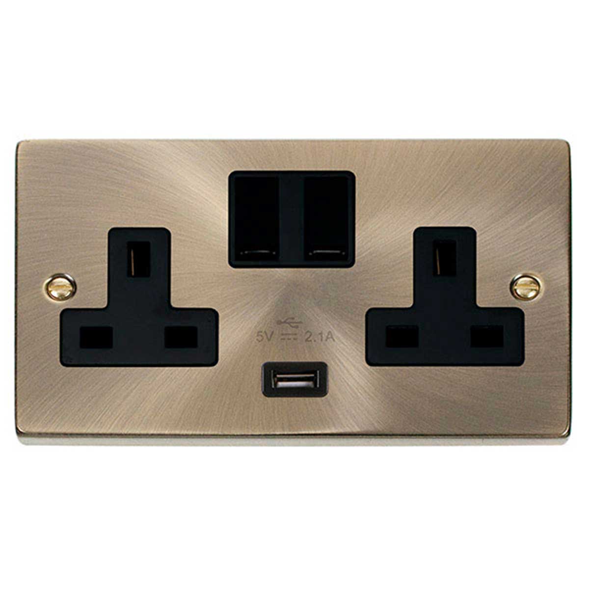 SE HOME Antique Brass 2 Gang 13A 1 USB Twin Double Switched Plug Socket ...